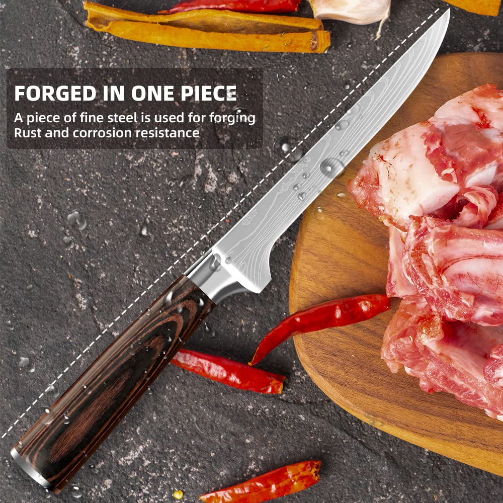 Fseoot Boning Knife Japanese High Carbon Stainless Steel Deboning Knife Professional Kitchen Chef Knife for Meat Fish Poultry Chicken with Ergonomic Handle (Brown)