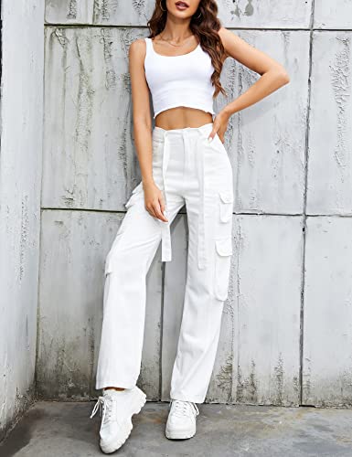 Micoson Women High Waist Cargo Pants with 8 Pockets Straight-Leg Loose Girl Moisture Wicking Oversized White Cargo Jeans White,XXL