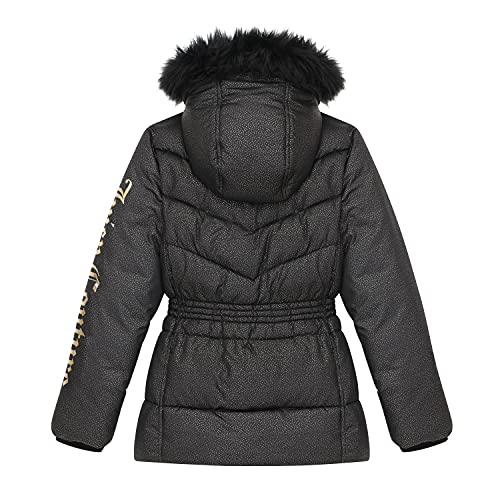 Juicy Couture Girls Puffer Jacket, Laminated Bubble Kids Coat with Fur Hoodie, Black, Small