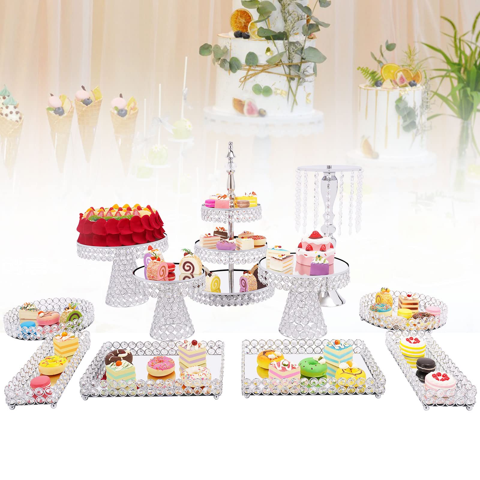 Cake Stand Set, Set of 11 Crystal Cake Stands, Cupcake Holder Stand Dessert Pastry Candy Display Plate, Cake Pop Stand Display Cupcake Tower Treats Contemporary Cakes Candy Station, Silver