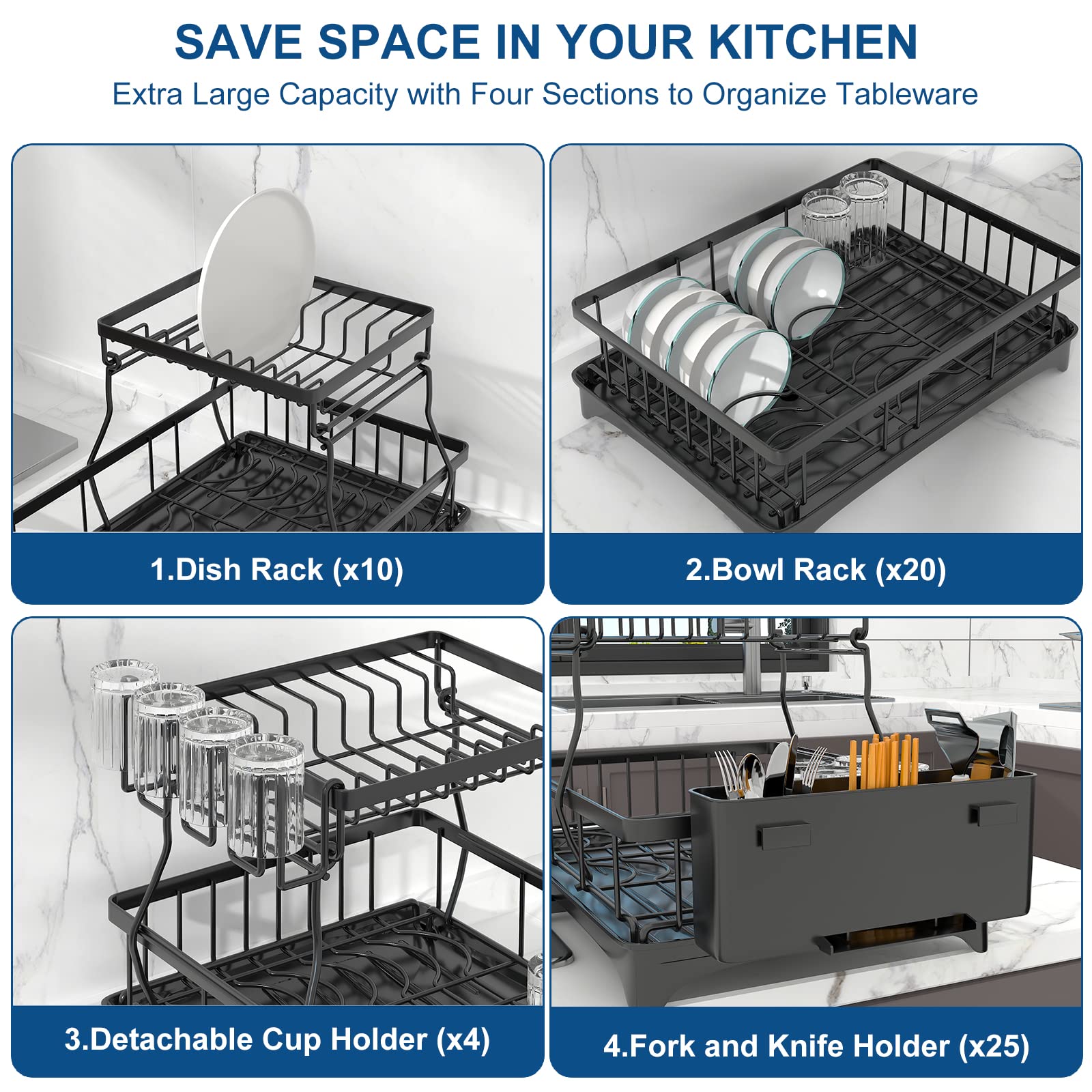 CLOMOOXI Dish Drying Rack, 2-Tier Detachable Dish Racks for Kitchen Counter, Stainless Steel Kitchen Drying Rack with a Cutlery Holder and Cup Holder, Drying Rack for Dishes, Knives, Spoons, Forks