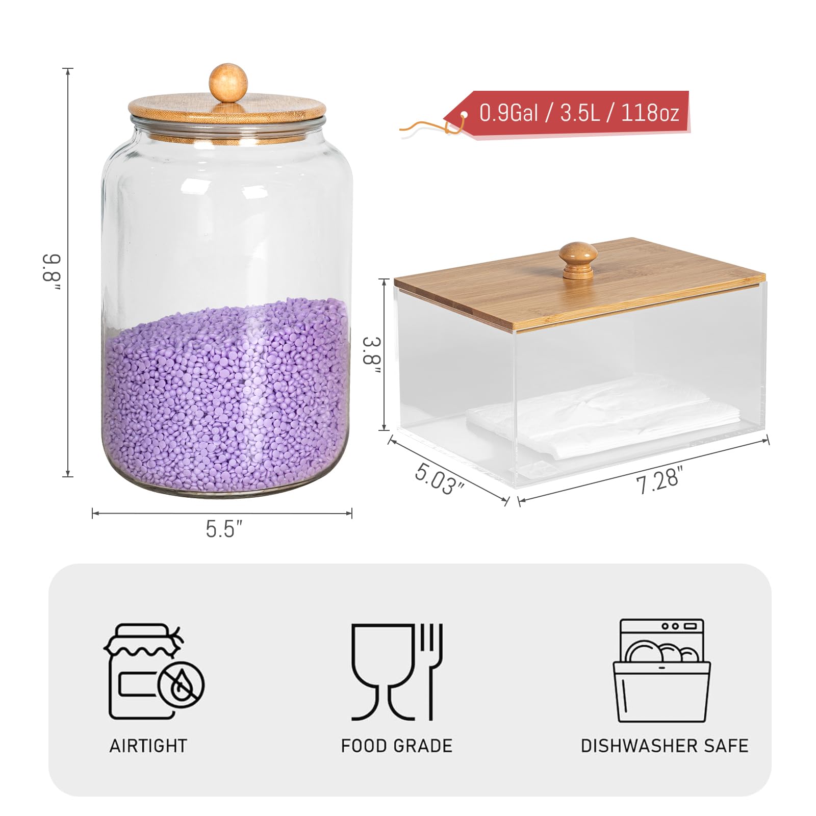Laundry Pods Glass Jars Container Set, 2 Pack -0.8 Gallon Airtight Container for with 5 Labels for Laundry Room Detergent Powder,Scent Beads Organization and Storage,1 Pack- Dryer Sheet Holder.