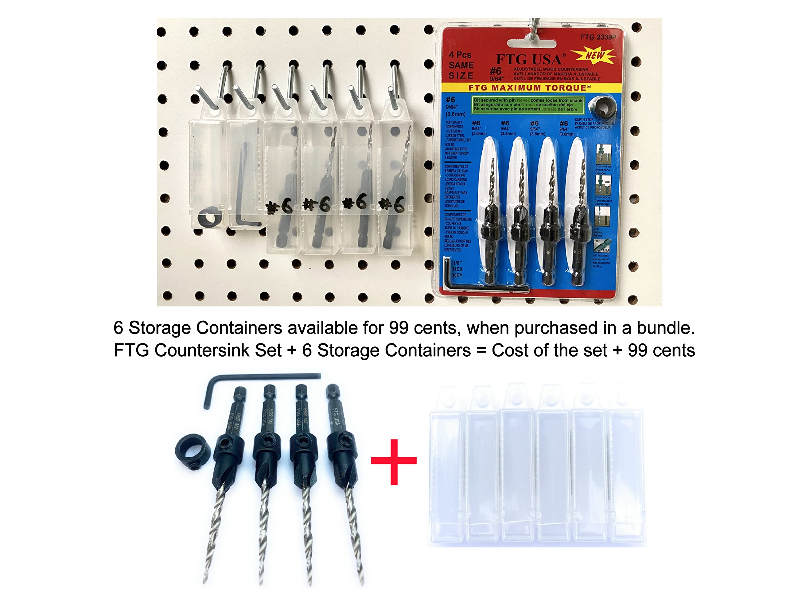 FTG USA Countersink Drill Bit Set 4 Piece Same Size #6 (9/64") Countersink Drill Bit with 12 Replacement Tapered Countersink Bits #6 (9/64") 1 Depth Stop Collar, 2 Hex Wrench