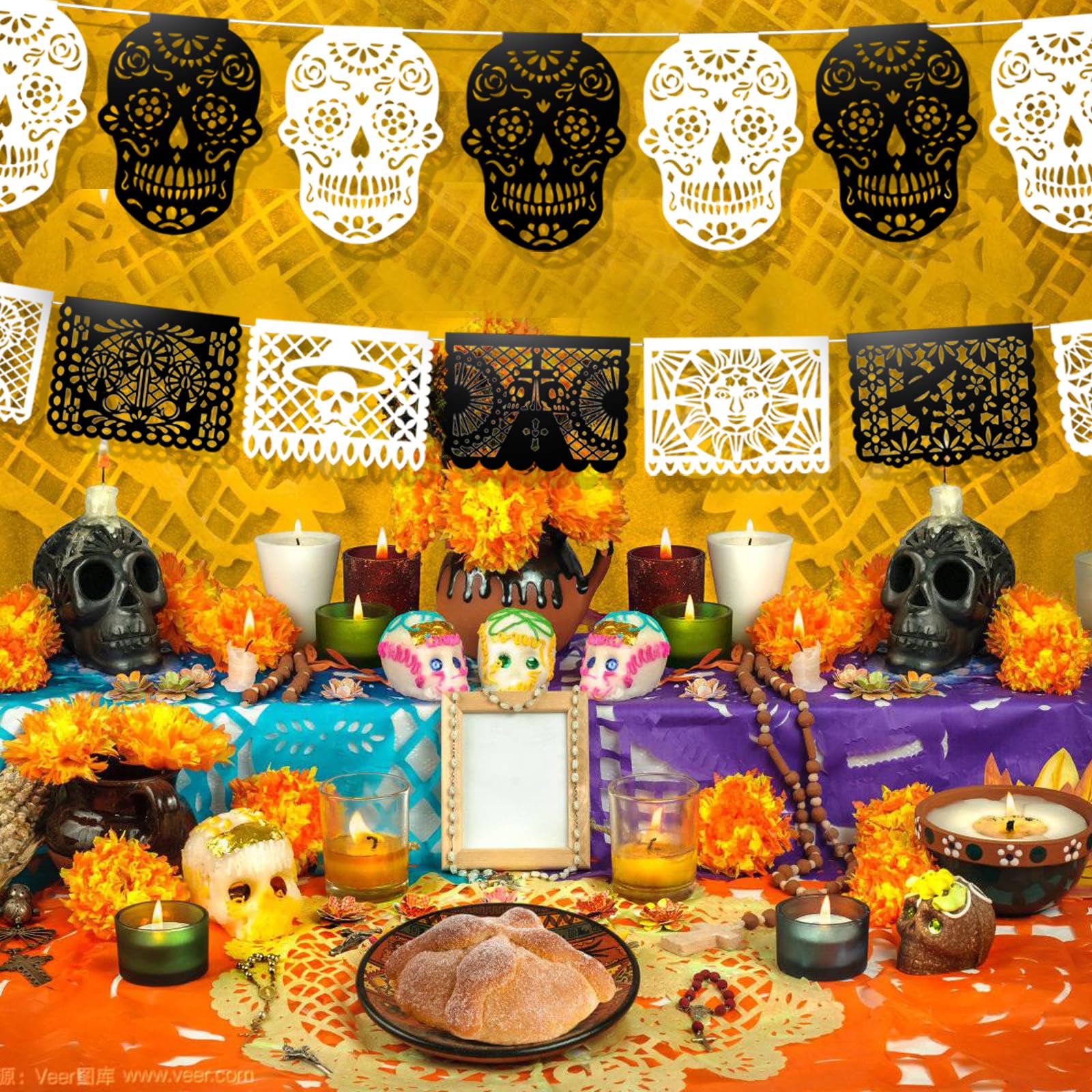 HOWAF 2 Pcs Plastic Papel Picado Day of The Dead Skull Bunting Banner Mexican Fiesta Banners Halloween Dia De Los Muertos Black White Skull Bunting Banner for Cinco De Mayo Decorations