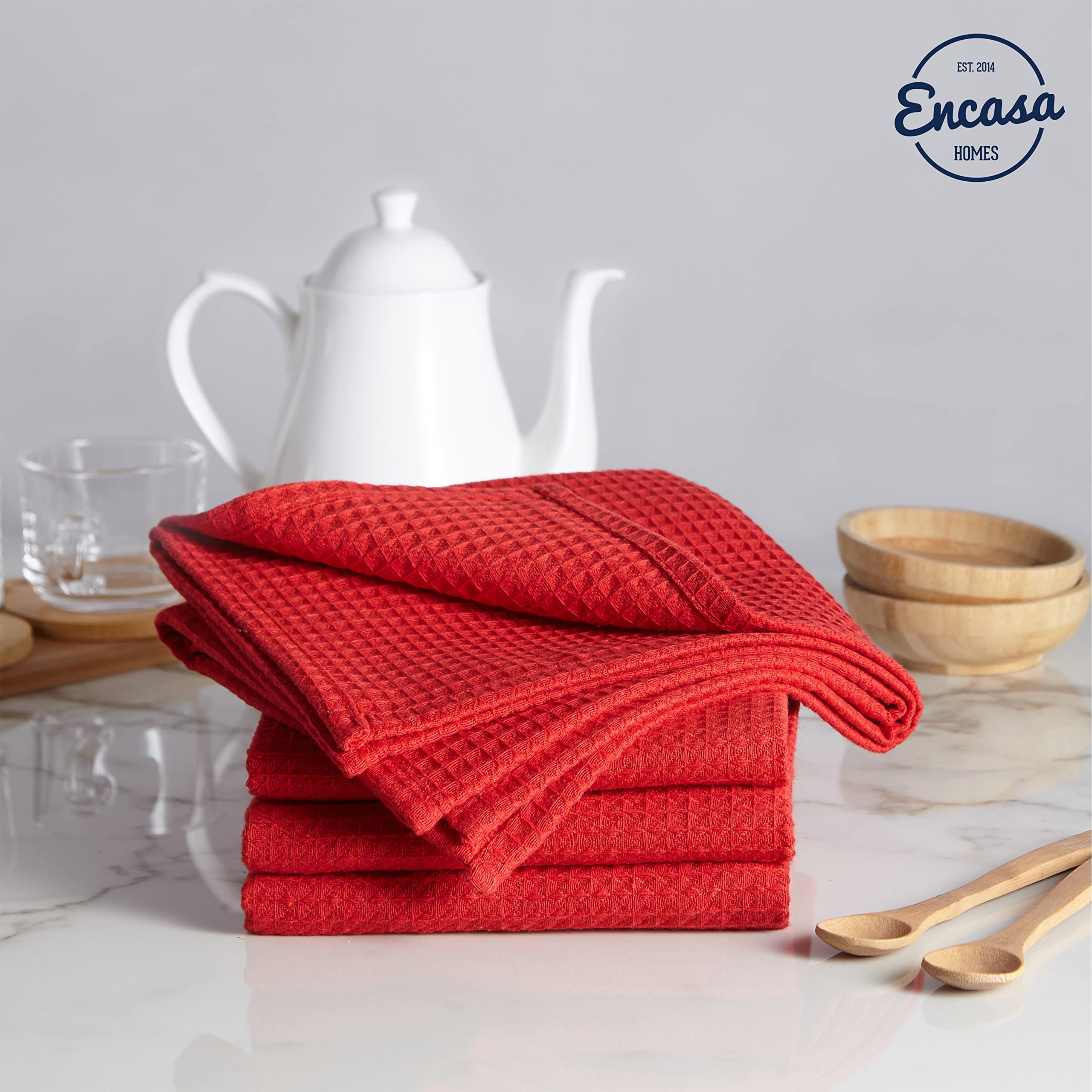 Encasa Homes Anti-Odour Waffle Kitchen Dish Towels, 18 x 28 inch (4 Pc Set) Highly Absorbent, Tea Towels for Cleaning & Quick Drying, Eco-Friendly Cotton - Red