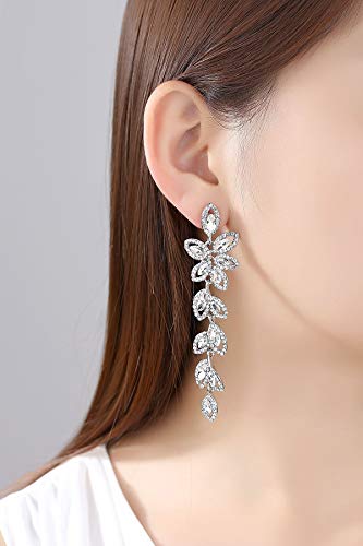 Mecresh Bride Jewelry Set Crystal Floral Leaf Crawler Chandelier Dangle Earring Bracelet Wedding Prom 2022 Fashion Jewelry Silver