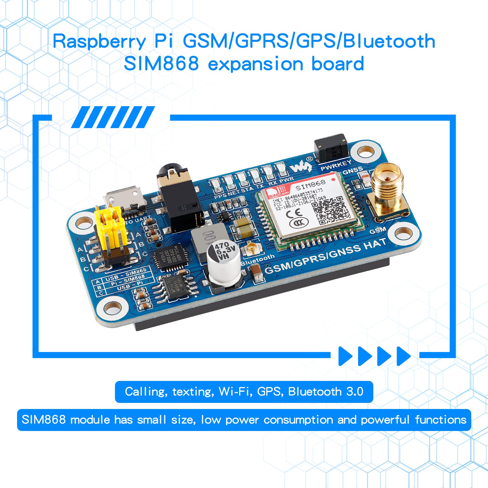 EC Buying GSM/GPRS/GPS/Bluetooth SIM868 Expansion Board, HAT Expansion Board GPS Module SIM868 Compatible with Arduino/Raspberry Pi, Send SMS, Bluetooth 3.0 Data Transmission