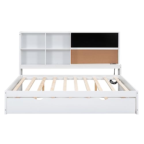 Harper & Bright Designs Full Size Daybed Twin Size Trundle,USB Ports and Storage Shelves,Wood Full Size Bed Frame Blackboard,Cork board and Bookshelf,Full Sofa Bed Living Room Bedrooms,White