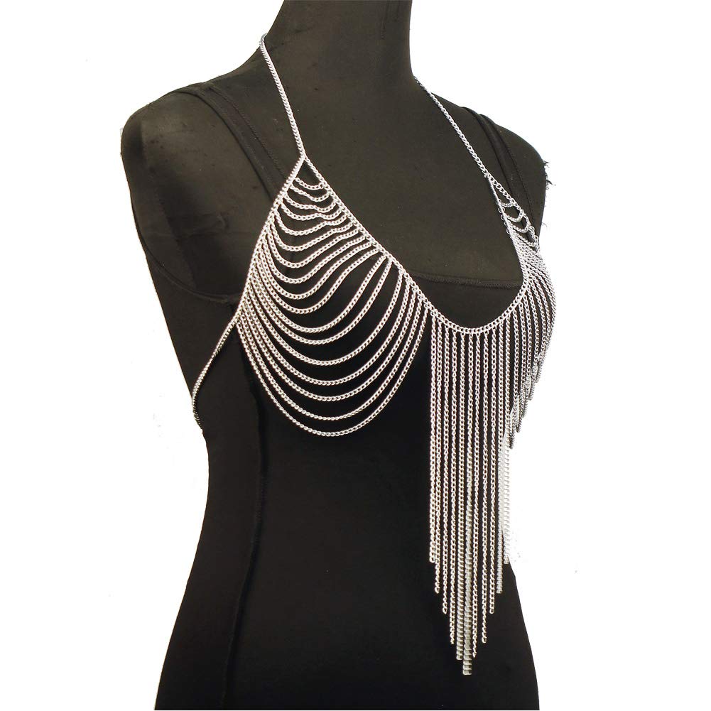 Chran Summer Beach Bra Top Chain Sexy Bikini Accessories Body Chains for Women Golden Necklace Party Jewelry (silver)