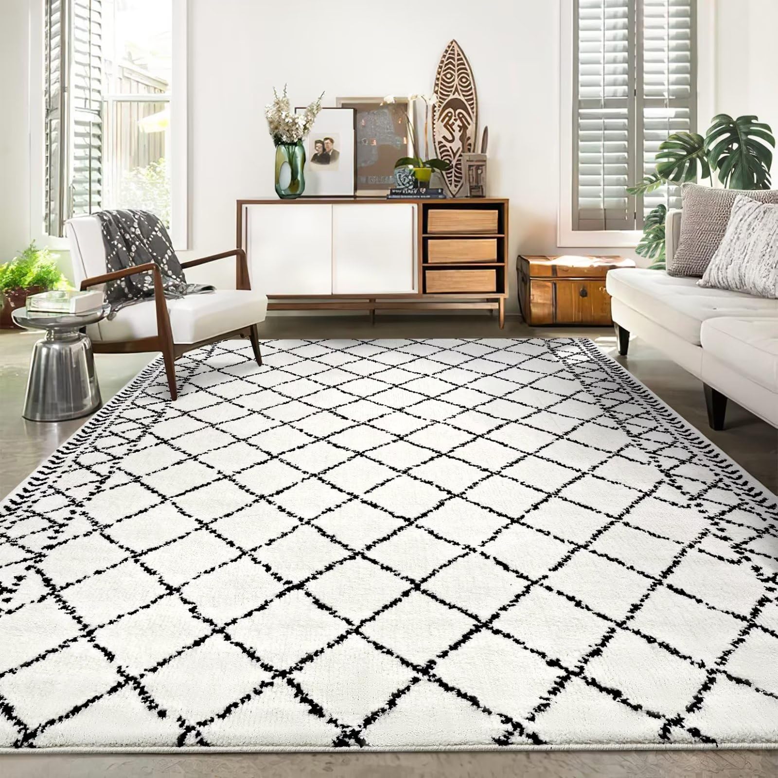 COZYLOOM Shag Area Rug 9x12 Vintage Trellis Shaggy Rug Moroccan Geometric Plush Rug Non-Slip Fluffy Living Room Rug Soft Fuzzy Indoor Carpet Bedroom Dorm Floor Cover Accent Floor Cover