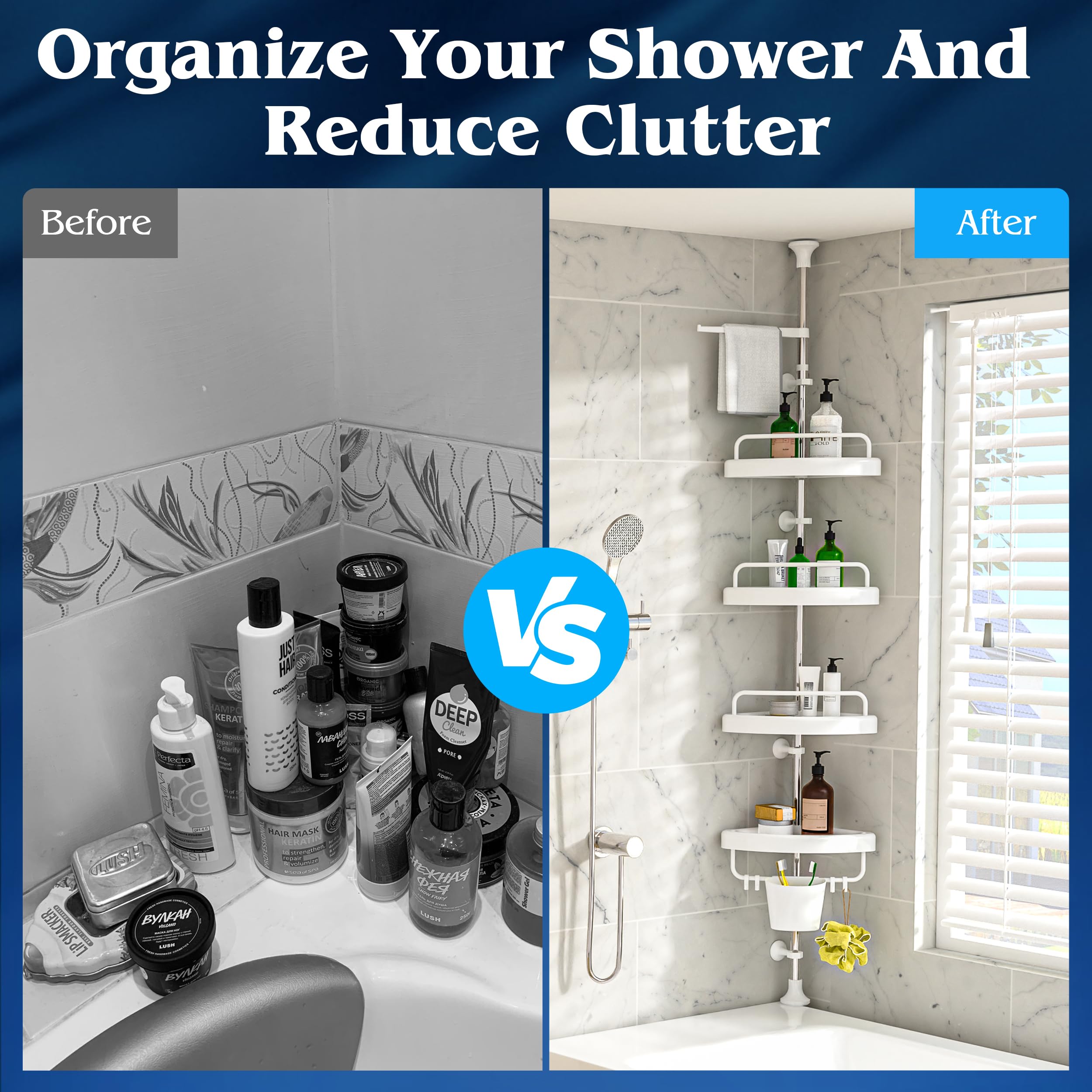 EliteCart Rust Proof Shower Caddy Corner Tension Pole β Adjustable Height (32-120 inch), 4 Tier Shelf Bathtub Organizers and Storage β Includes Towel Rack, Tooth Brush Holder and Suction Cups (White)