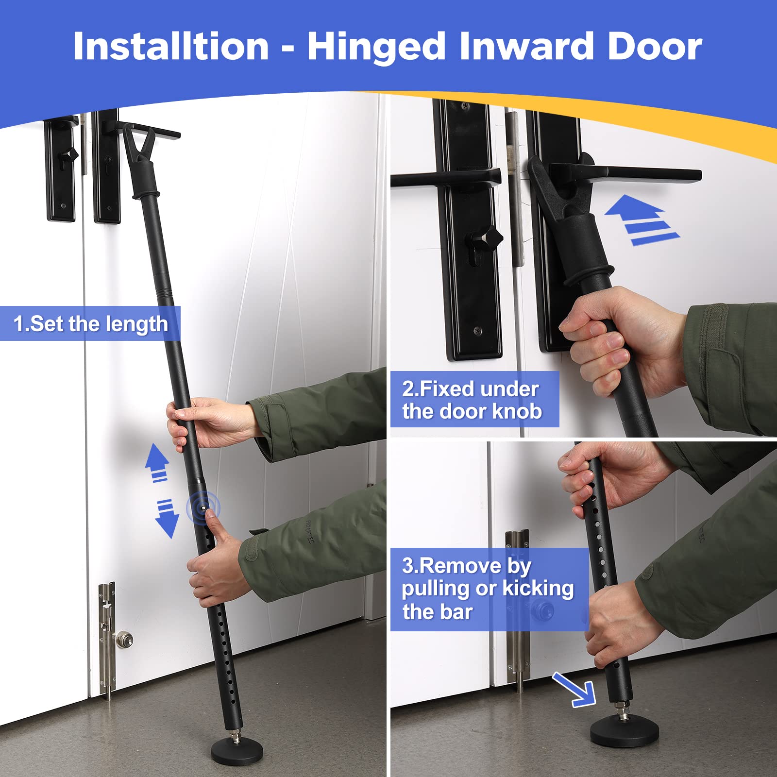 CALCHELE Door Security Bar & Sliding Patio Door Security Bar, Window Security Bar Door Stoppers Heavy Duty Security Door Jammer Bar, Adjustable Security Bar for Front Door, Apartment, Hotel Room Black