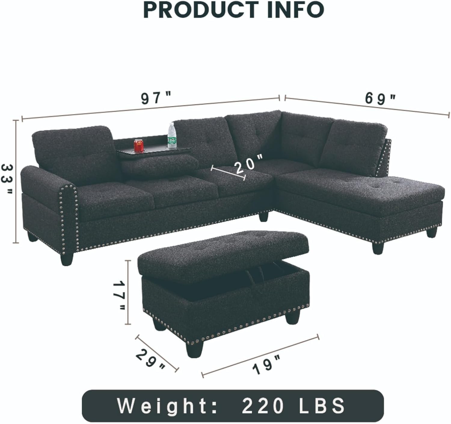GlasFlength L Shaped Sectional Sofa with Ottoman, Nail-Head Design Linen Right Facing Modern Couches with Cup Holder for Living Room, Bedroom, Office, Dark Grey