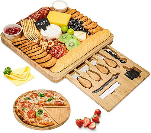 Smatto Cheese Board and Knife Set, Bamboo Charcuterie Board Set, 13โโx13โโ Cheese Serving Tray with 4 Knives, Drawer and Wine Opener for Housewarming Wedding Birthday Valentine's Day Gift