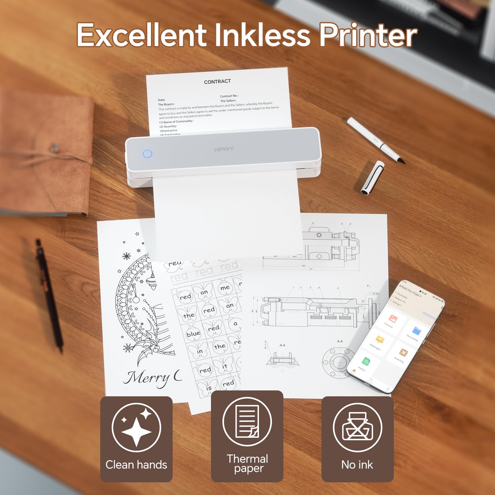 HPRT MT610pro Portable Printer Wireless for Travel, Bluetooth Thermal Printer 8.5x11 US Letter&A4 Thermal Paper, Compatible with Android and iOS Phone & Laptop, Inkless Printer Mobile Office(White)