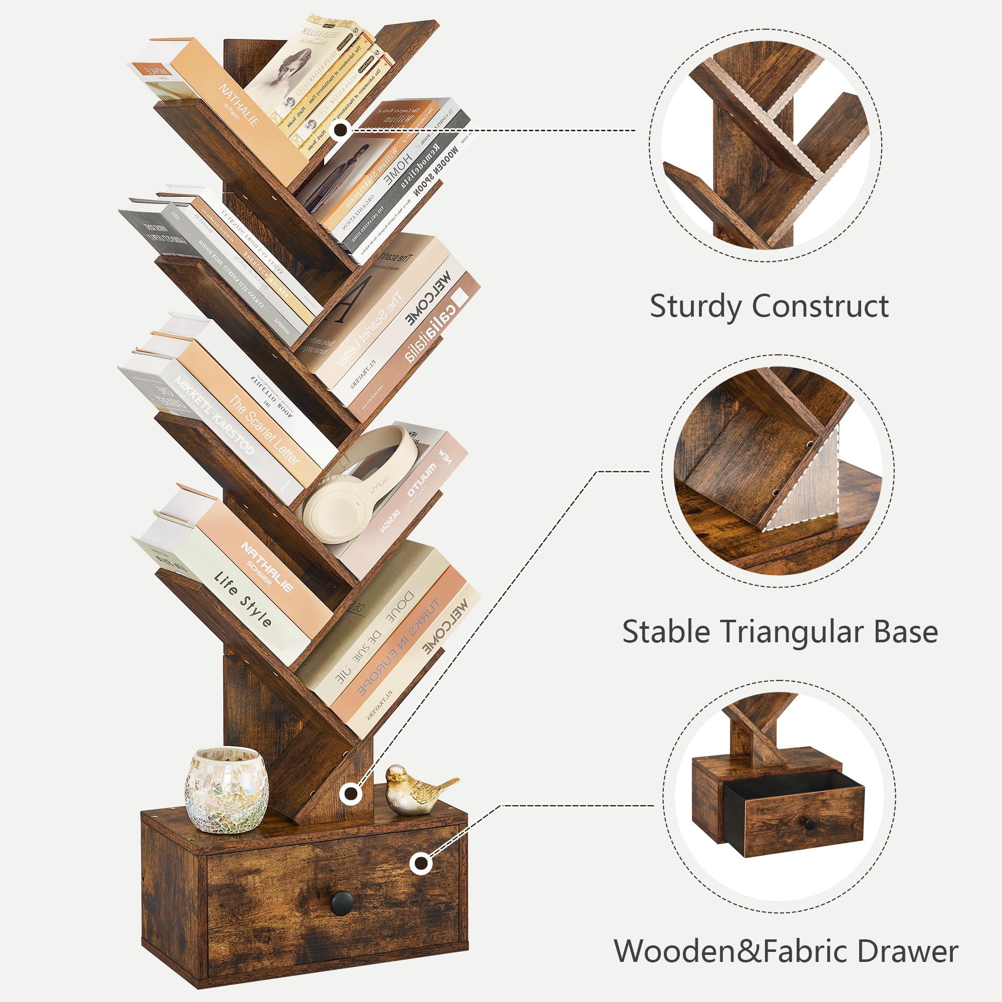Gewudraw 4 Tier Tree Bookshelf with Drawer, Small Tree Bookcase, Table Top Book Shelf Organizer Shelves for Living Room, Bedroom, Home Office, Rustic Brown