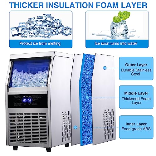 Zomagas Commercial Ice Maker Machine, 80-90LBS/24H Under Counter Ice Maker, Stainless Steel Freestanding Ice Machine with 28LBS Bin, Self-Cleaning, Scoop, Ideal for Home Bar Offices