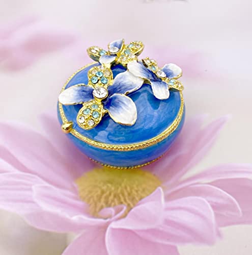 JWT Astyle Orchid Flower Blue Trinket Boxes Hinged Small Jewelry Box with Crystals.Collectible Trinkets Home Gift Enamel Decorative Tiny Keepsake Box Decor Necklace Rings Earrings Organizer.