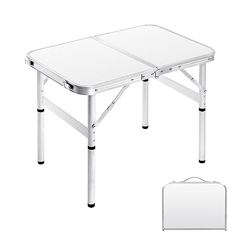 Moosinily 2 Feet Outdoor Folding Table Aluminum Lightweight Small Picnic Table Ajustable Height Portable Table with Carry Handle for Beach, Picnic, Indoor, White