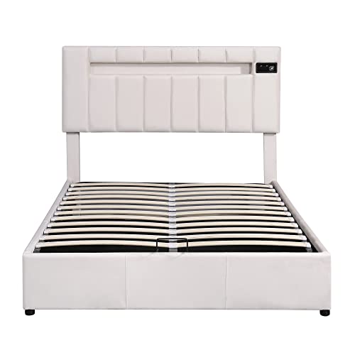 Harper & Bright Designs Upholstered Full Platform Bed with LED Headboard, Bluetooth Player and USB Charging, Velvet Fabric Full Size Bed with Lift Up Storage, No Box Spring Needed (Beige)