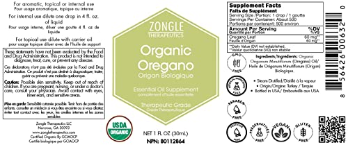 Zongle USDA Certified Organic Oregano Essential Oil, Safe to Ingest, Origanum Minutiflorum, 1 OZ
