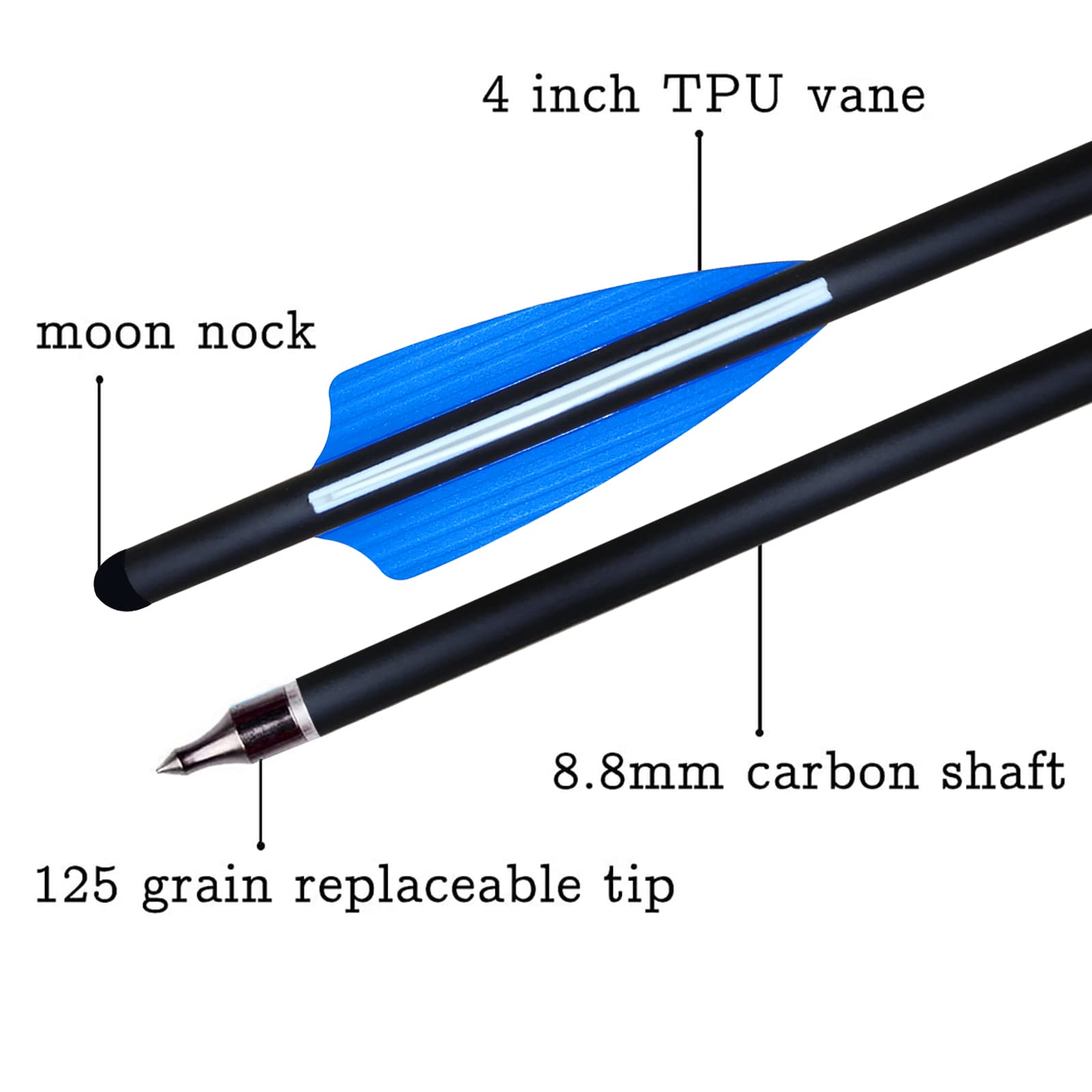 e5e10 20"/22'' Crossbow Bolts Carbon Arrows 8mm Shaft Half Moon Nocks with Replaceable Screw-in Broadhead for Crossbow Hunting Target Practice Outdoor Gift, 12Pcs (20inch New)