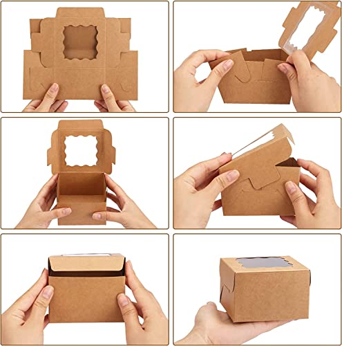 Moretoes 30 Pack Mini Cookie Boxes 4 Inch Bakery Boxes with 66ft Twine Small Brown Kraft Cake Boxes with Window for Cupcakes, Pies, Donuts(4x4x2.5 Inch)