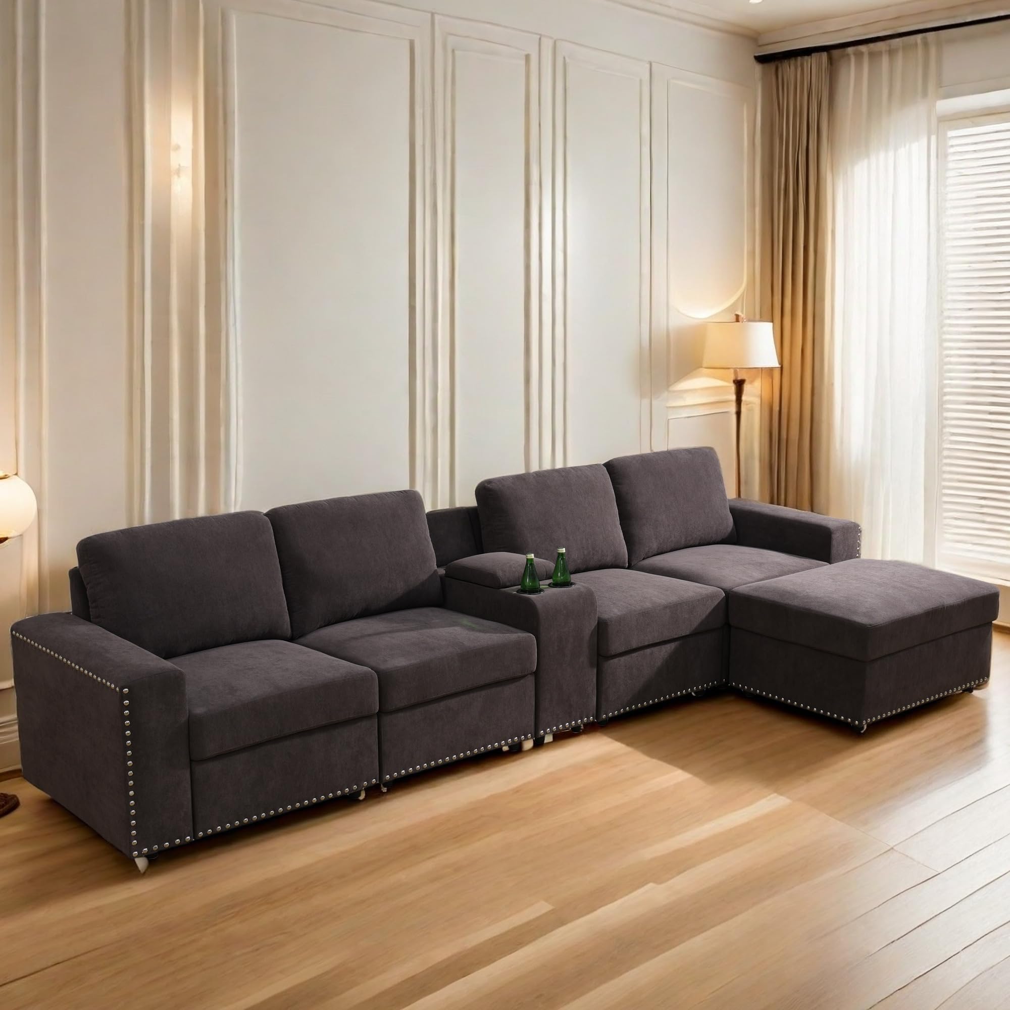 GlasFlength Sectional Sofa Couches for Living Room with Ottoman, Nail-Head Design Linen Right Facing U-Shaped Modern Couches with Cup Holder, Bedroom, Office