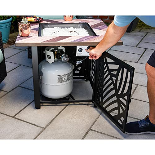 Endless Summer Darby 30 Inch Square Outdoor UV Printed 50,000 BTU LP Gas Fire Pit Table with Faux Wood Mantel and Stamped Steel Base
