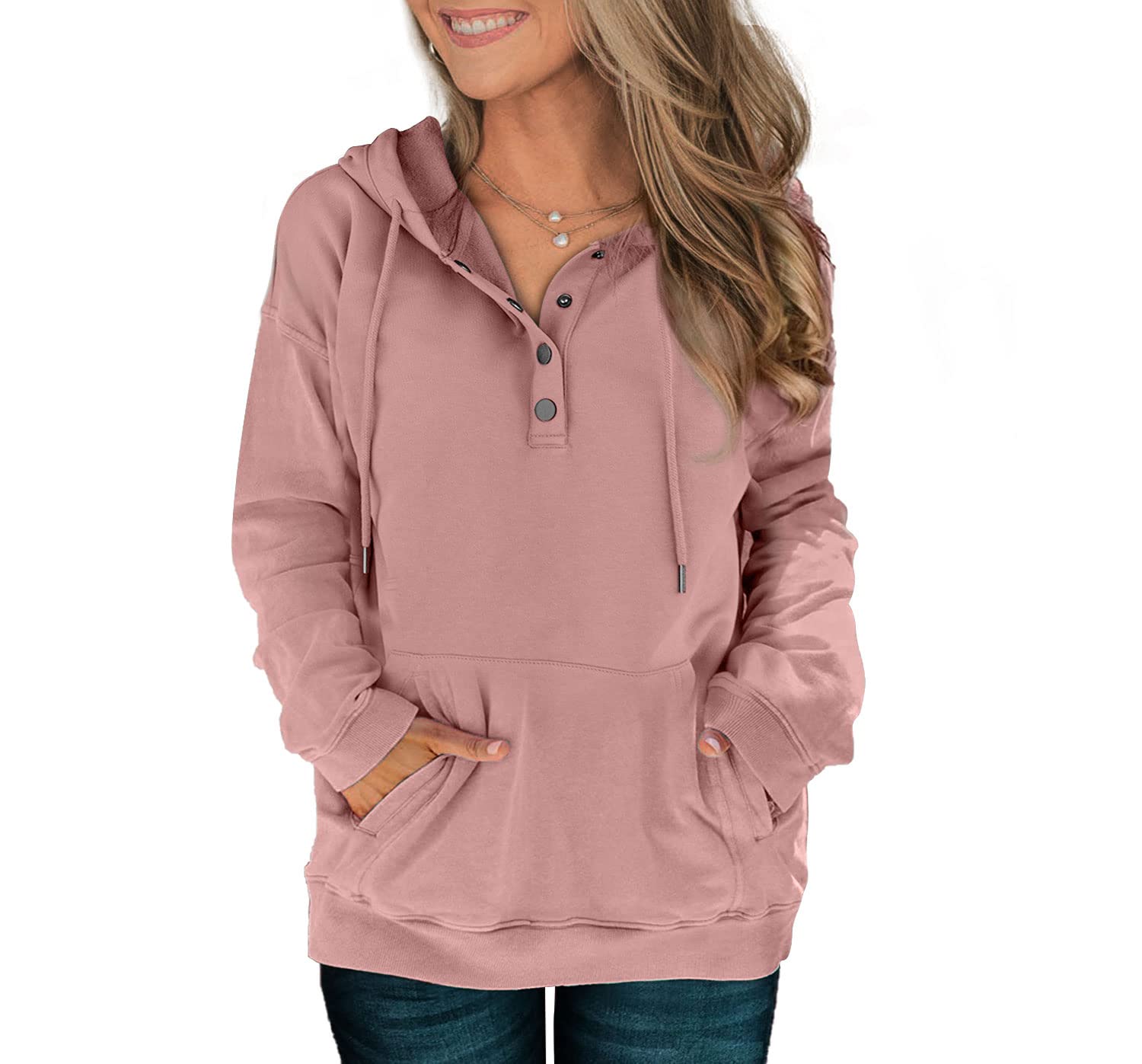 Davenil Womens Hoodies Sweatshirts Casual Long Sleeve Button Up Pullover Drawstring Loose Tops with Pockets Pink Size L