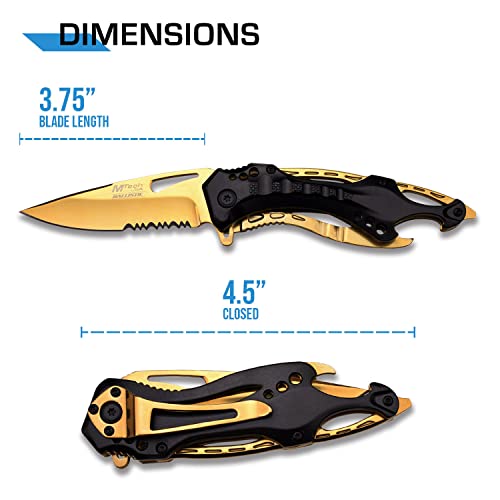 MTech USA β Spring Assisted Folding Knife β Partially Serrated Gold TiNite Coated Stainless Steel Blade, Black Aluminum Handle, Pocket Clip, Tactical, EDC, Self Defense- MT-A705BG