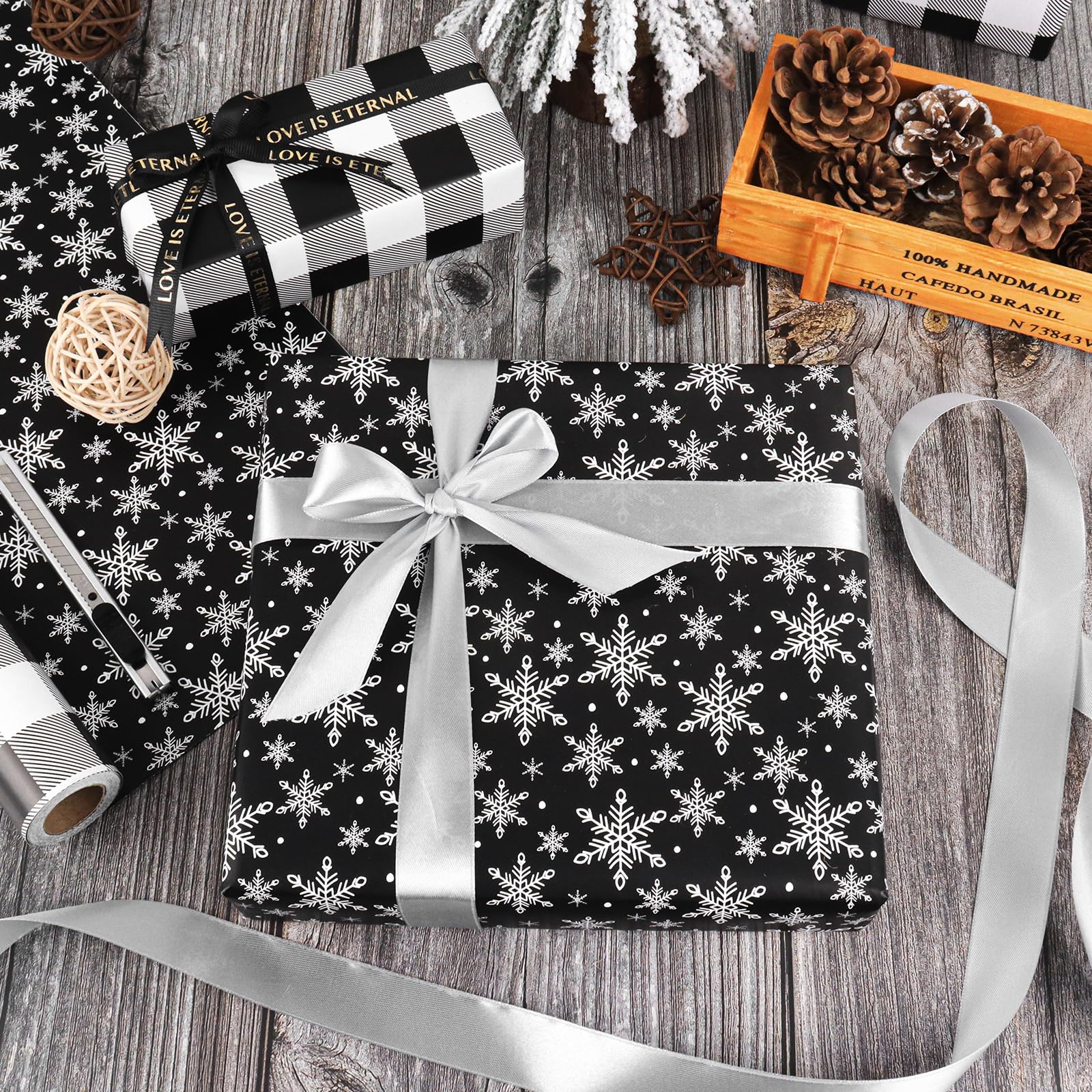 FIEHALA Reversible Christmas Wrapping Paper Jumbo Roll - Black Buffalo Plaid & Snowflakes Patterns - 30 inches x 100 Feet