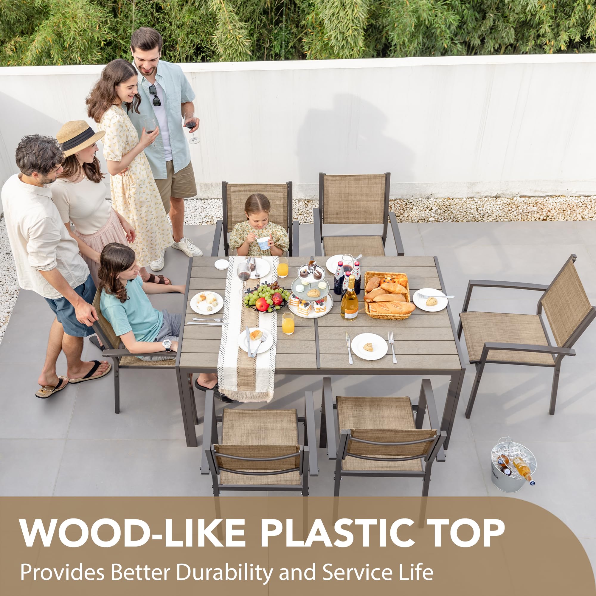Devoko Patio Dining Set 7 Piece Outdoor Furniture with Rectangular Table and 6 Stackable Chairs Family Conversation Set for Garden Backyard Deck (Brown)