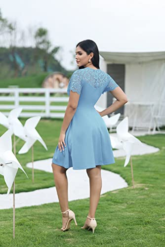 Kate Kasin Women's Retro Crewneck Lace Splicing A Line Cocktail Dress Formal Wedding Guest Party Sexy Prom Dresses Short Light Blue S