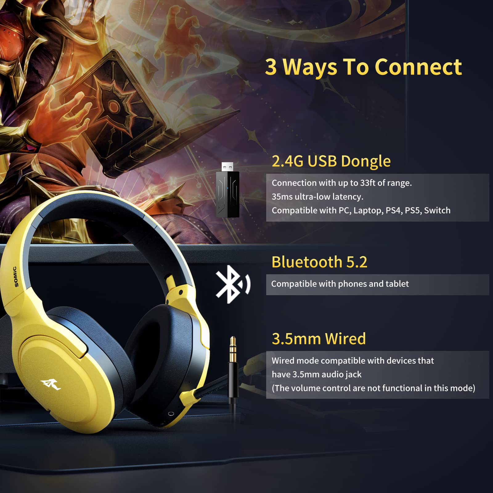 EASARS Wireless Gaming Headset, 2.4G Gamer Headsets, Foldable Bluetooth Headset, 28H Playtime, Detachable Microphone, Compatible with PC, PS5, PS4, Laptop