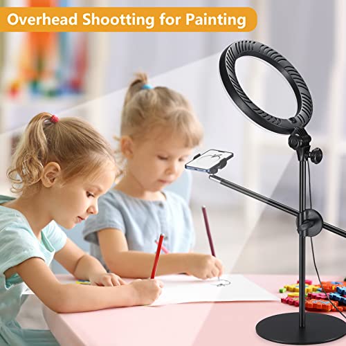 Selfie Ring Light with Stand and Phone Holder,Overhead Phone Mount with 10.5" Ring Lights,Desk Circle Lingt with Tripod Adjustable Shooting Arm for Video Recording,YouTube,TikTok,Live Streaming