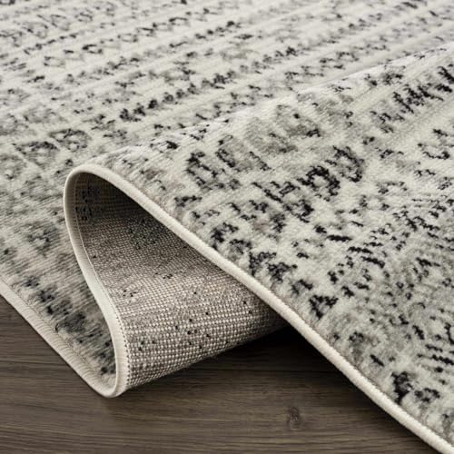 Hauteloom Greig Farmhouse Moroccan Geometric Area Rug - Boho Aztec Tribal Carpet for Living Room, Bedroom, Dining Room - Bordered - Off White, Black, Grey - 7'10" Round Rug