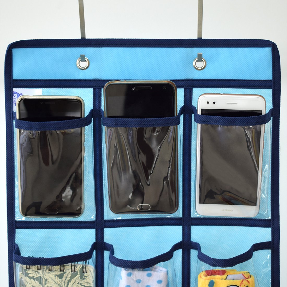 NIMES Hanging Closet Underwear Sock Jewelry Storage Over The Door Classroom Cell Phone Calculator Organizer Clear Pockets (BLUE-12 & 9 POCKETS PACK)