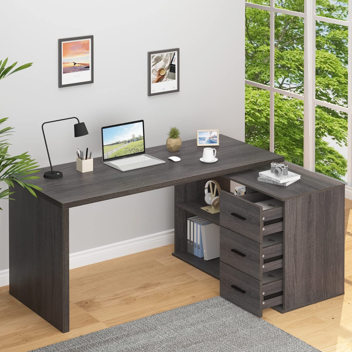 HSH Black L Shaped Desk with Drawers Shelves, 360 Rotating Home Office Desk L Shape with Storage Cabinet, Corner Wood Computer Table for PC Executive Work Study Writing in Bedroom Living Room, 55 in
