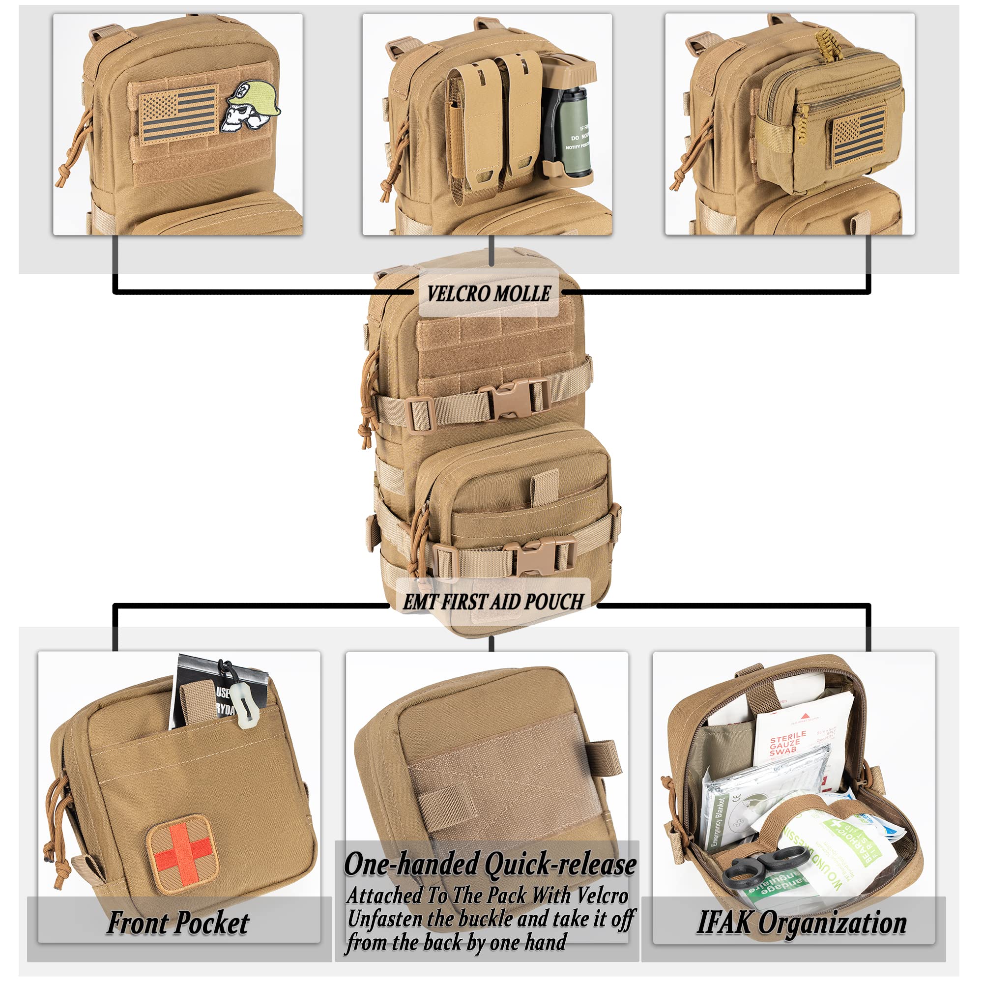 CLTAC Small Tactical Backpack MOLLE Hydration Pack Outdoor Water Bladder Carrier Pack for Vest with IFAK Med Pouch and 1.5L Bladder