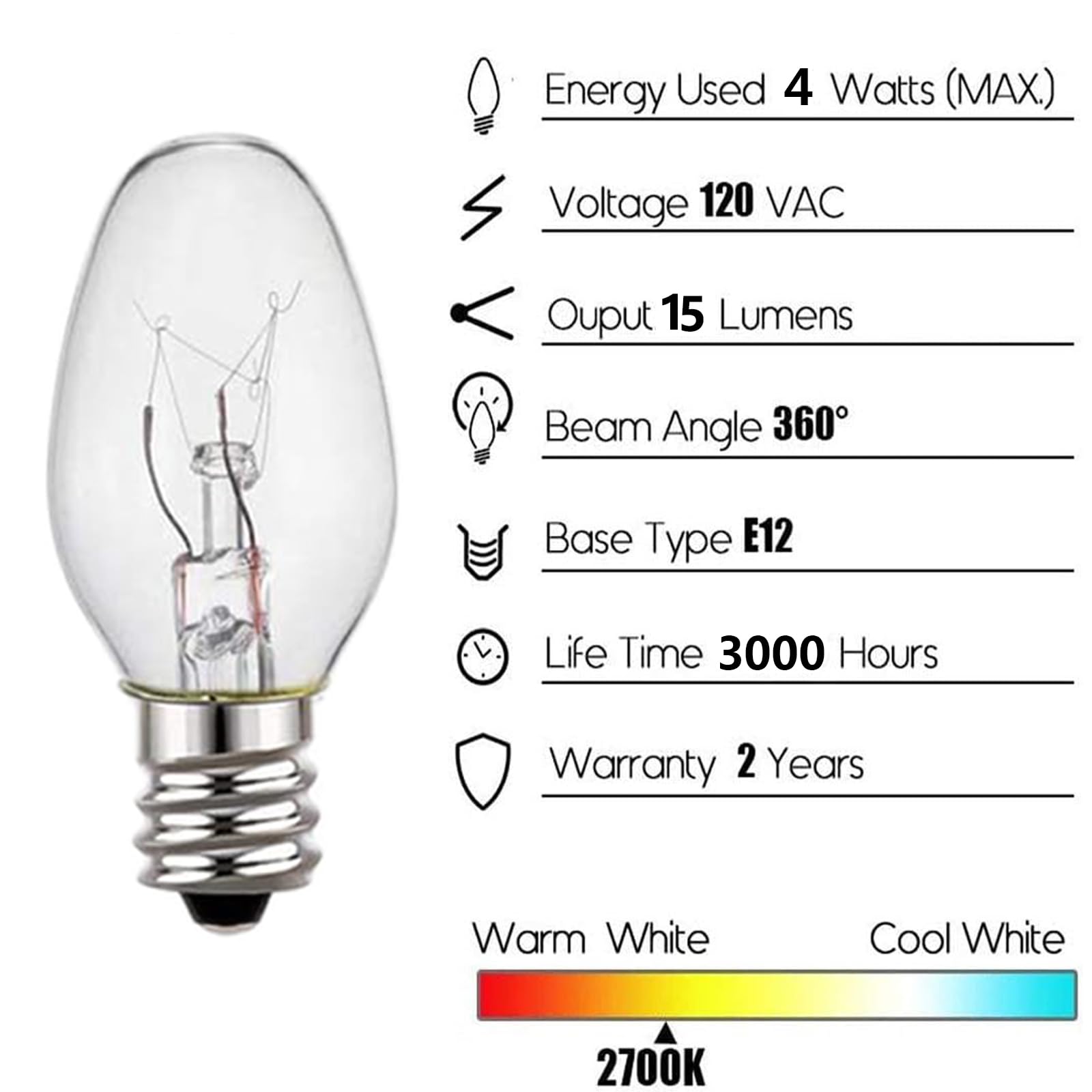 C7 Night Light Bulb 4 Watt,E12 Candelabra Base, 15 Lumens,Incandescent Light Bulb, Clear, Soft White - 12 Pack
