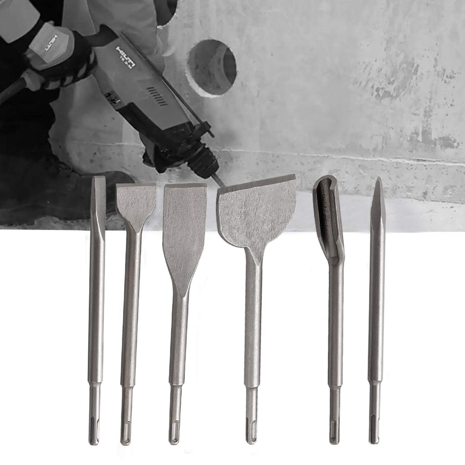 CPROSP SDS Plus Chisel Set, Including Point Chisel, Flat Concrete Rotary, Groove Chisel 6PCS Hollow Grooving (Gouge)