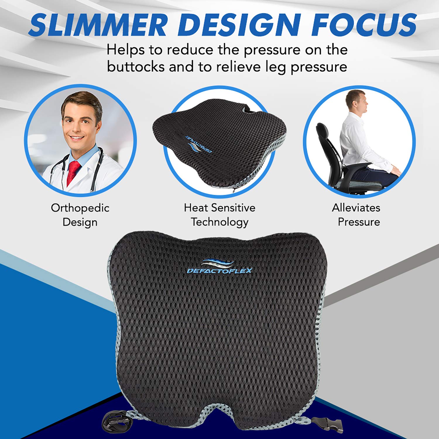 DEFACTOFLEX Wedge Seat Cushion for Car and Truck Seat Cushion - High Density Memory Foam - Coccyx and Sciatica Pillow - Slimmer Design