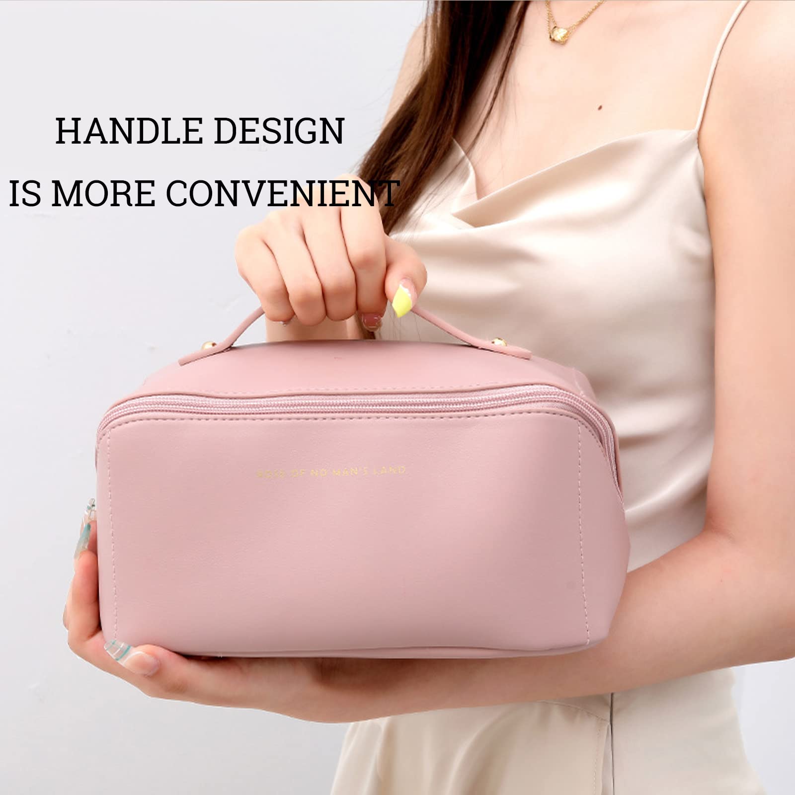 Enthu-U Large Capacity Travel Cosmetic Bag- Makeup Bag,Women Waterproof PU Leather Makeup Organizer Bag with Handle and Divider,Makeup Bag Large Opening-Pink