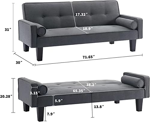 FULife 72" Convertible Loveseat Sofa Bed Sleeper Daybed,Modern Upholstered Folding Recliner,Small Futon Sofá,2 Seaters Couches with Two Pillows for Living Room/Office/Aparment/Place, Dark Grey Fabric