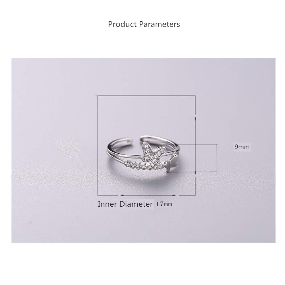 CZ Butterfly 925 Sterling Silver Ring for Women Crystal Promise Statement Stacking Expandable Open Rings Adjustable Hand Made Jewelry Dainty Birthday Anniversary Christmas Valentines Gifts