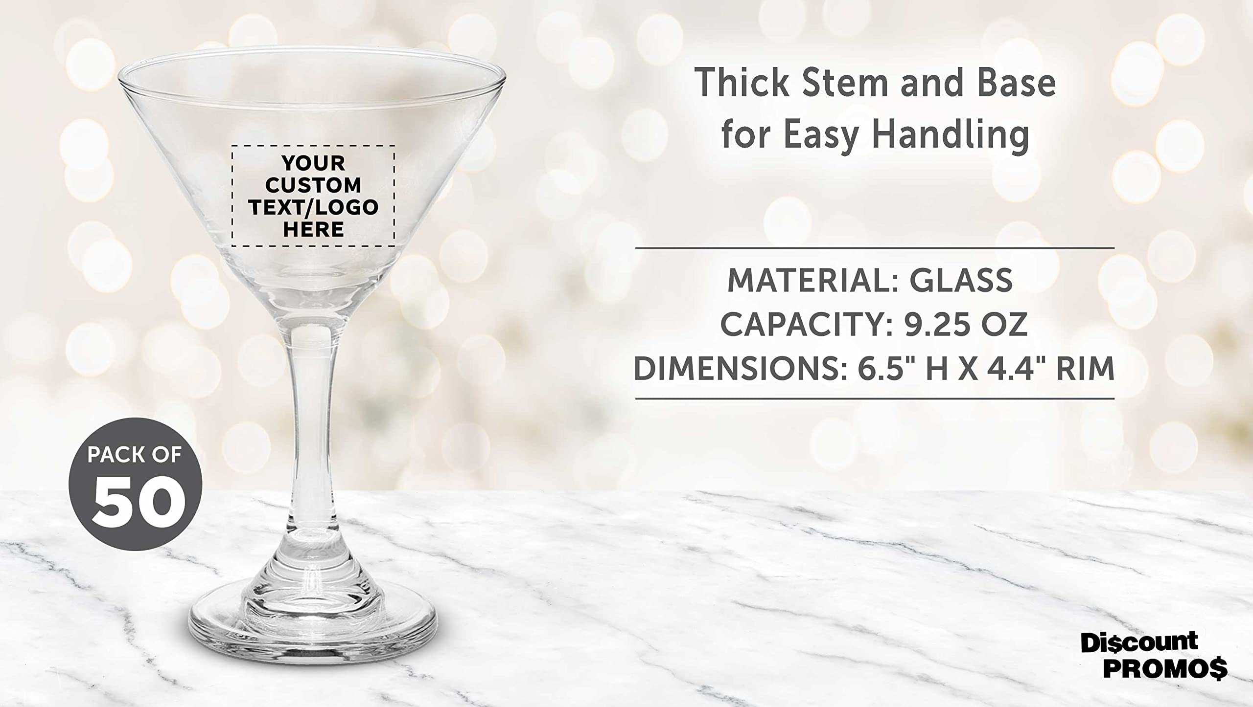 Custom Classic Martini Glasses 9.25 oz. Set of 50, Personalized Bulk Pack - Great for Cocktails, Wedding Favors, Party Favors, Events - Clear