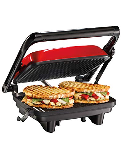 Hamilton Beach Electric Panini Press Grill, Opens 180 Degrees, Red & 58148A Blender to Puree - Crush Ice - and Make Shakes and Smoothies - 40 Oz Glass Jar - 12 Functions - Black and Stainless