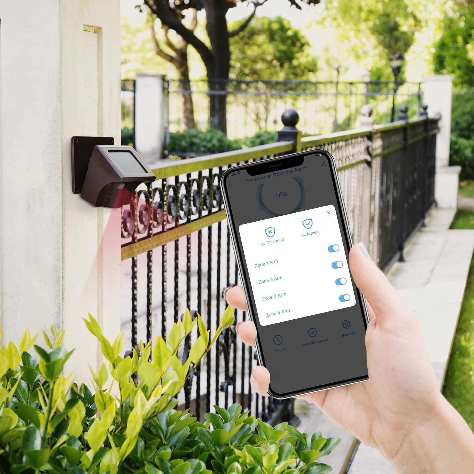 eMACROS HS002 Pro 2 Smart Wireless Driveway Alarm with Phone App,1/2 Mile Solar-Powered Motion Sensor, App for Remote Arm/Disarm & Schedule Alerts & 27 Optional Chimes,1 Receiver and 1 Sensor