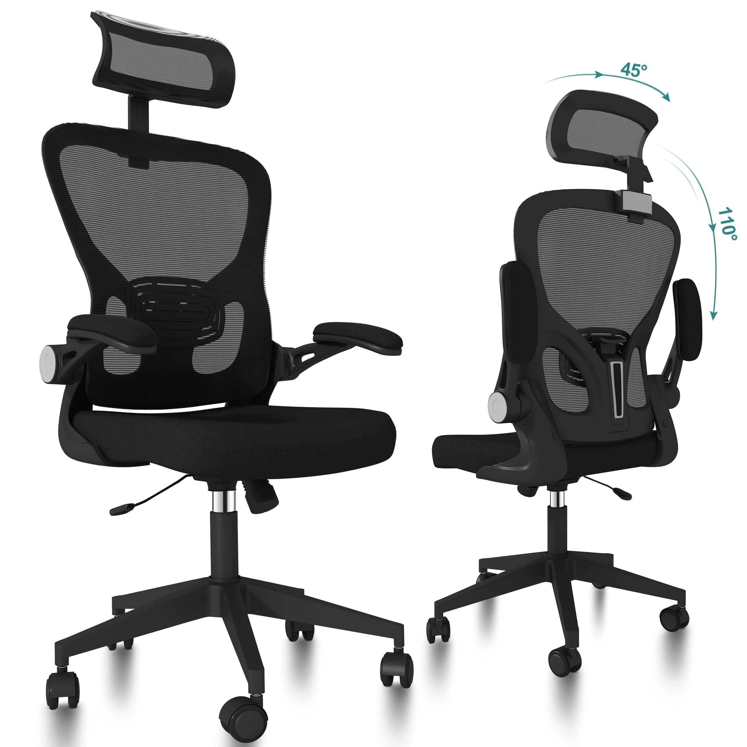 CBBPET Ergonomic Desk Chair with Lumbar Support and Flip-Up Armrests, Home Office Swivel Mesh Chair, Adjustable Backrest Executive Office Chair with Wheels, Perfect for Computer Desk and Home Office